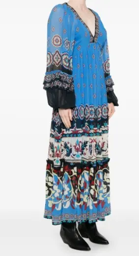 Farm Rio V-neck Maxi Dress With Long Balloon Sleeves And Printed Fabric