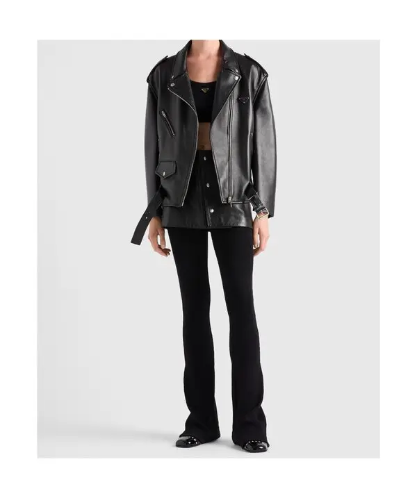 Prada Leather Mini Skirt With Snap Front Closure