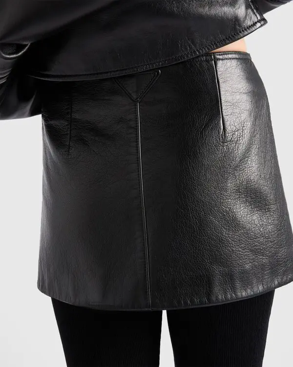 Prada Leather Mini Skirt With Snap Front Closure
