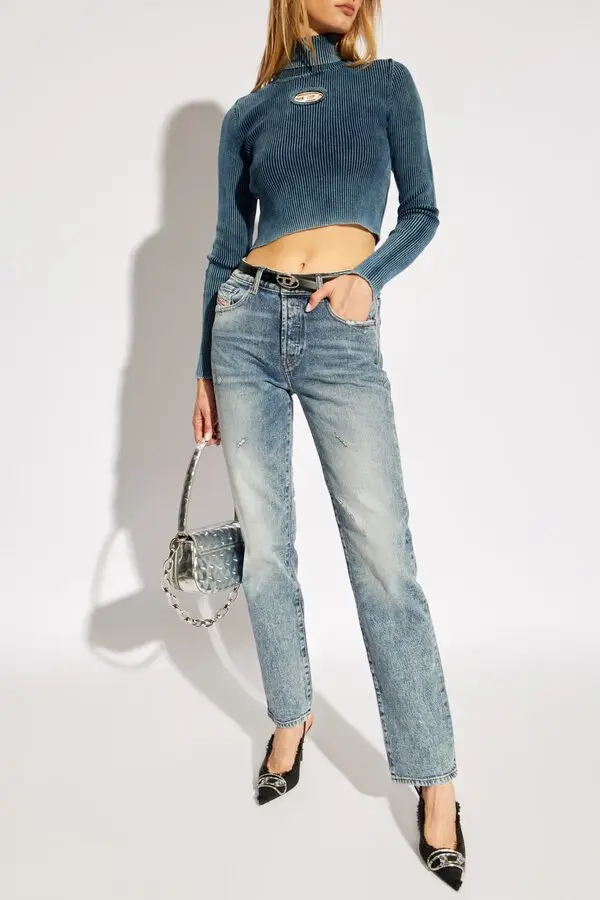DIESEL® High-neck Cropped Ribbed Top With Embellished Logo