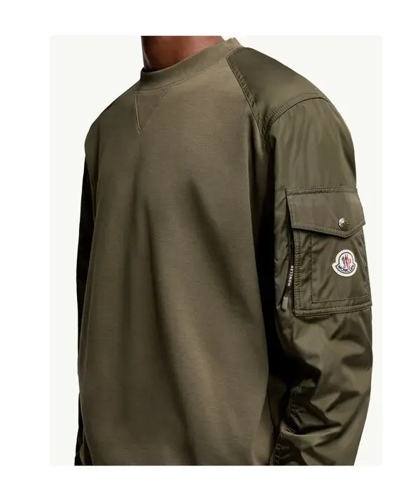 Moncler Cotton Blend Sweatshirt With Nylon Accents - Olive Green