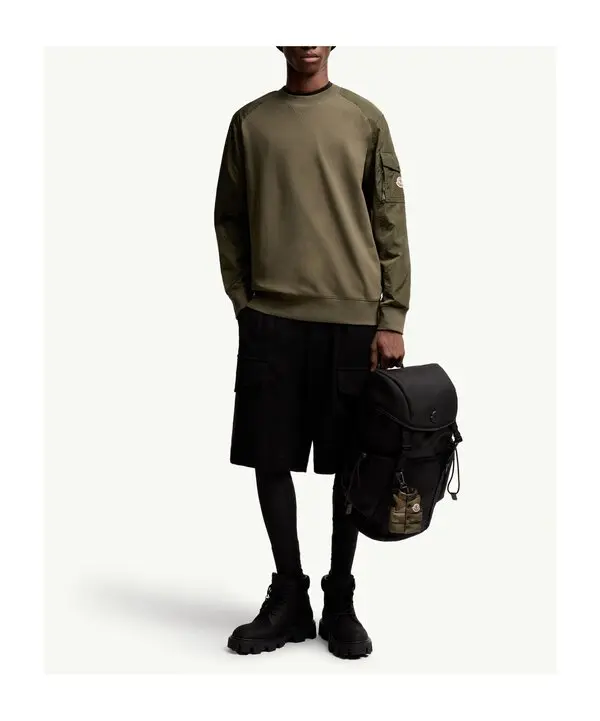 Moncler Cotton Blend Sweatshirt With Nylon Accents - Olive Green