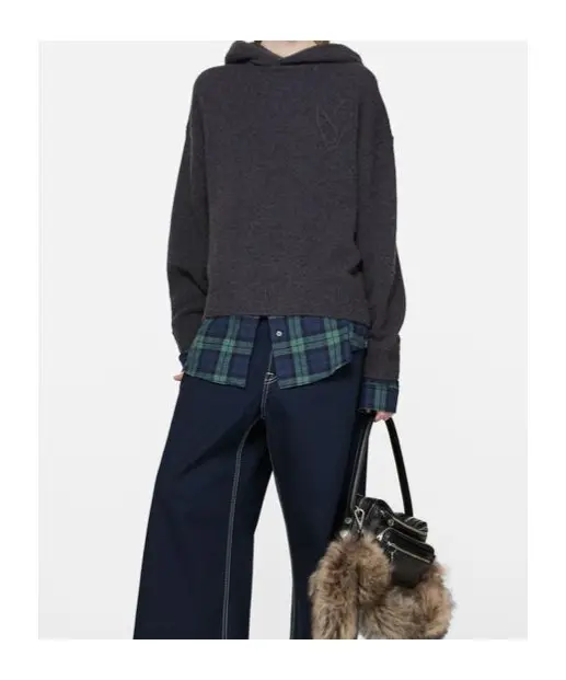 Acne Studios Layered Yak-blend Hoodie With Flannel Shirting Details - Black