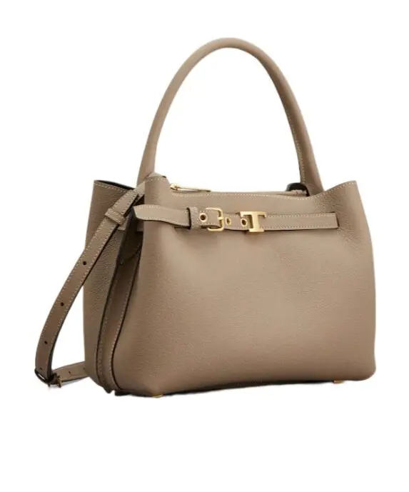 TOD'S T-plaque Belt Detail Calfskin Leather Tote Bag - Beige