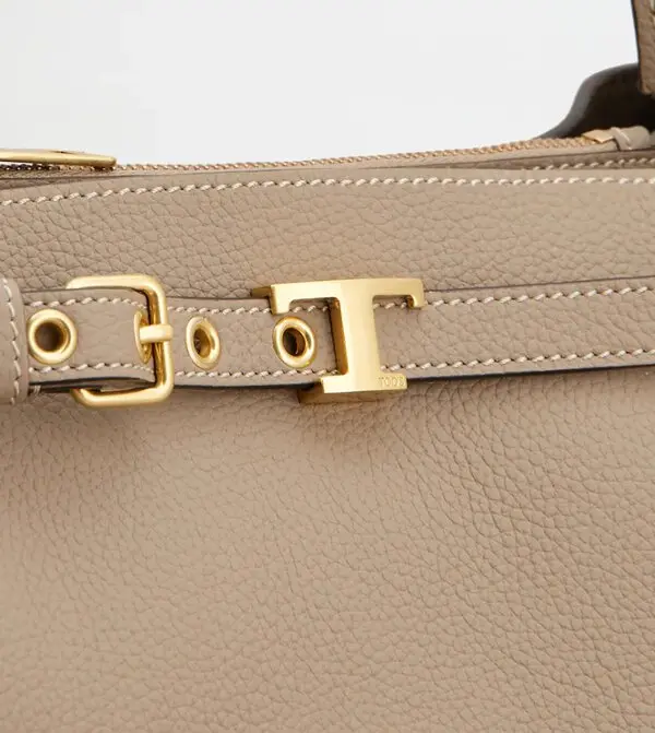 TOD'S T-plaque Belt Detail Calfskin Leather Tote Bag - Beige