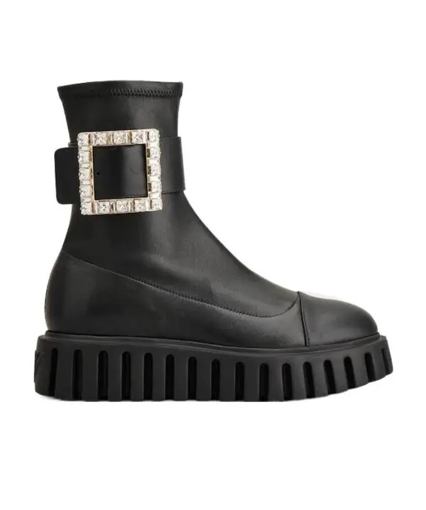 ROGER VIVIER Viv' Go-thick Rhinestone Buckle Stretch Ankle Boots
