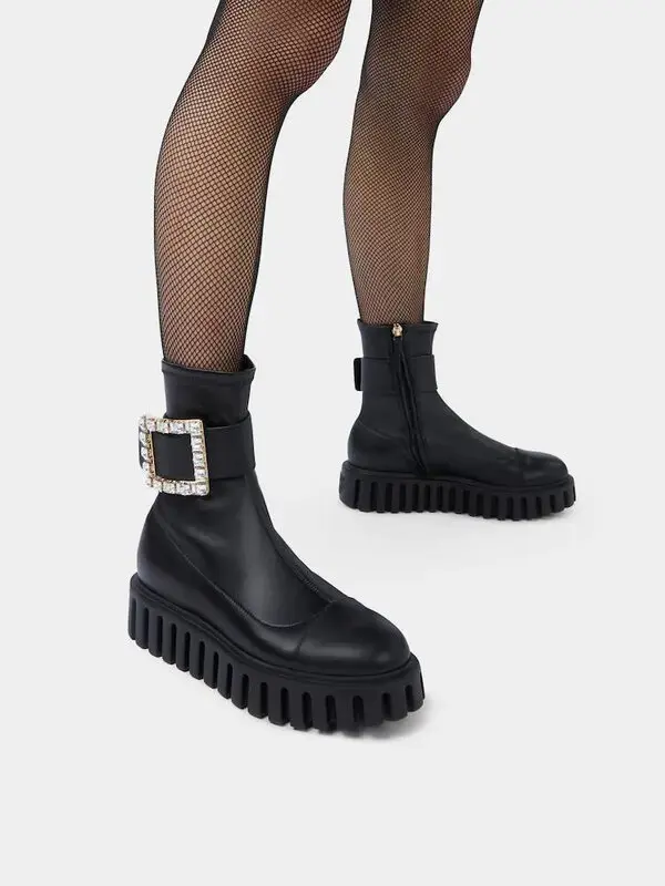 ROGER VIVIER Viv' Go-thick Rhinestone Buckle Stretch Ankle Boots