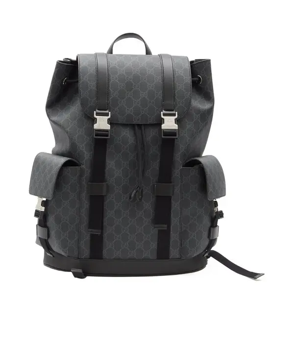 Gucci Gg Monogrammed Buckle Detailed Large Backpack - Black