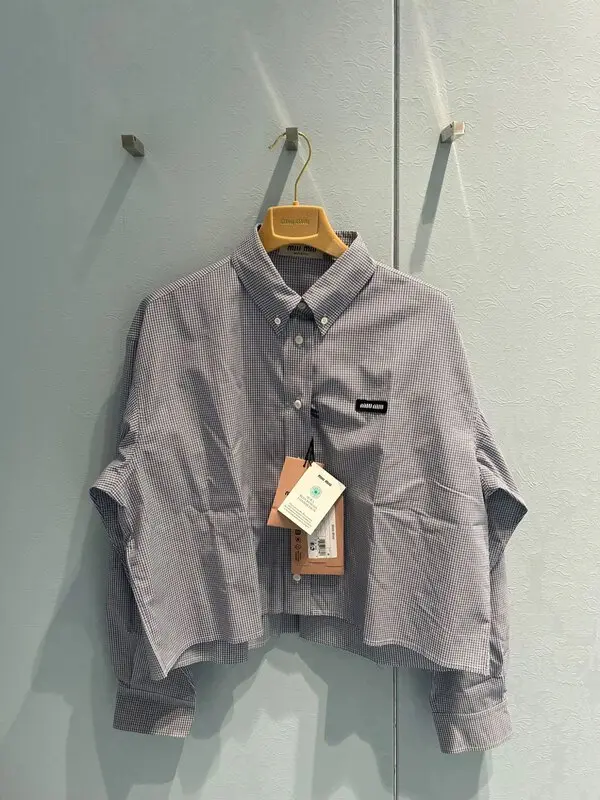 Miu Miu Checked Cropped Poplin Shirt - Blue