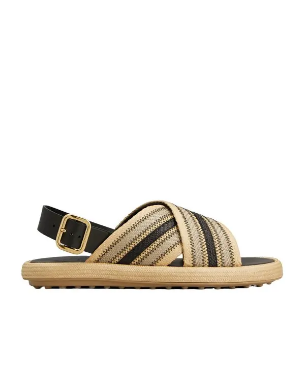 TOD'S Two-tone Woven Crisscross Strap Sandals With Metal Buckle - Beige Black