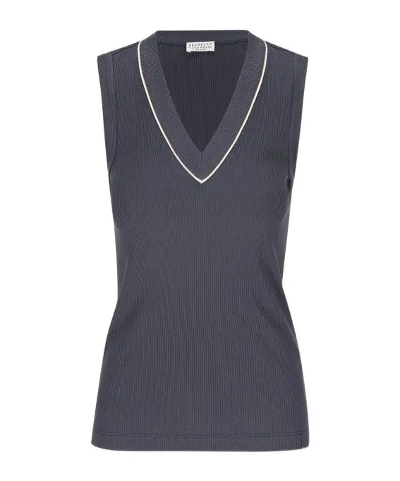 Brunello Cucinelli Sleeveless Ribbed V-neck Top - Black