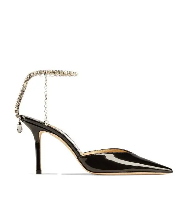 JIMMY CHOO Saeda 85 Patent Leather Pumps With Crystal Chain Embellishment - Black