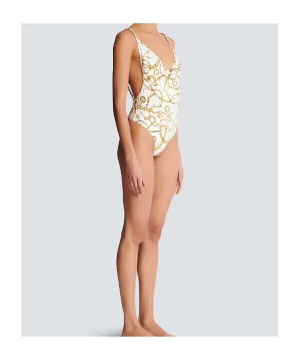 Balmain Chain Print Plunge V-neck One-piece Swimsuit