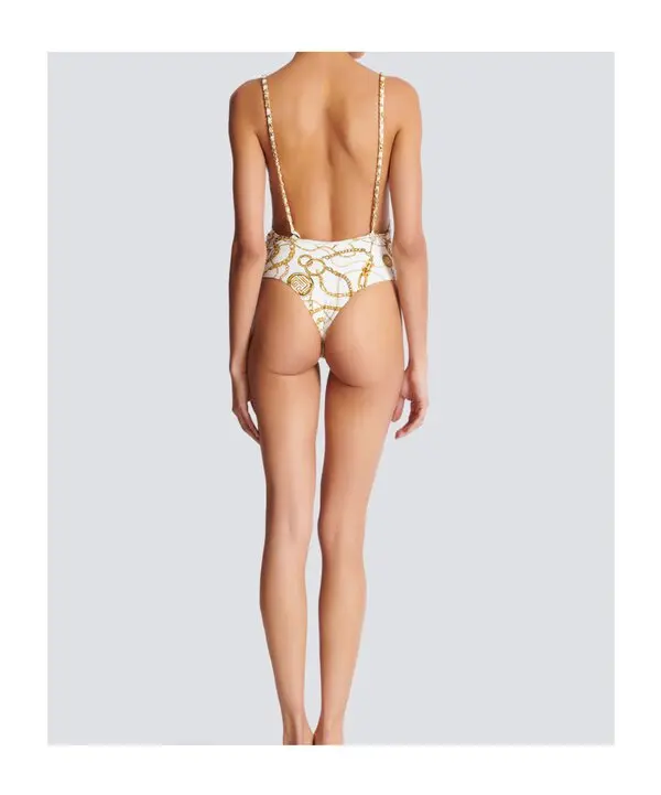 Balmain Chain Print Plunge V-neck One-piece Swimsuit