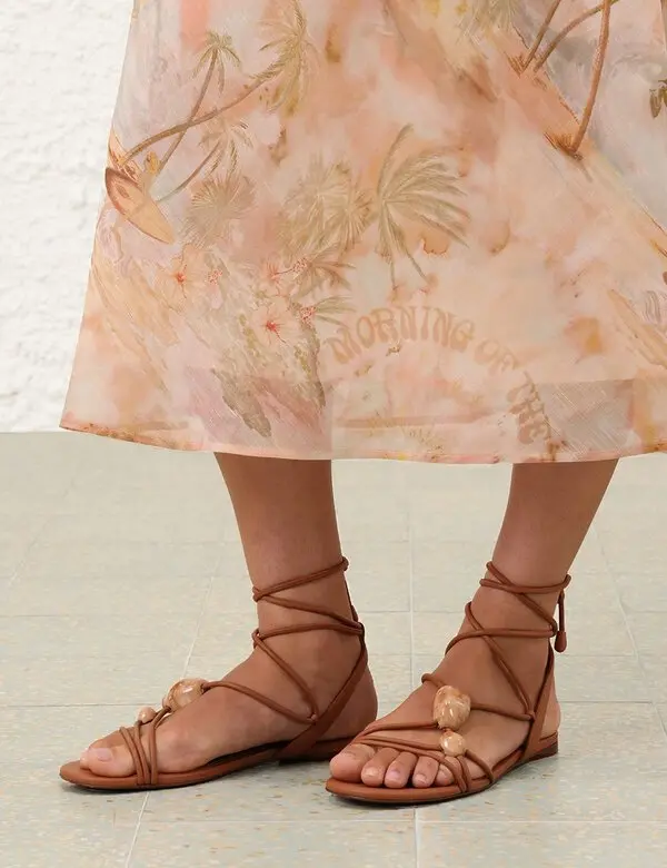 Zimmermann Gleam Flat Leather Sandals With Stone Effect Embellishments And Lace-up Detailing - Brown