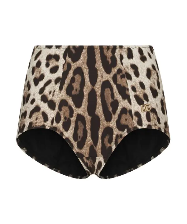 Dolce & Gabbana Leopard-printed High-waisted Bikini Bottoms With Dg Logo - Black
