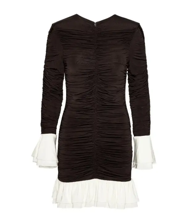 ROTATE BY BIRGER CHRISTENSEN Mini Ruched Long Sleeve Dress With Ruffled Cuffs And Hem - Black