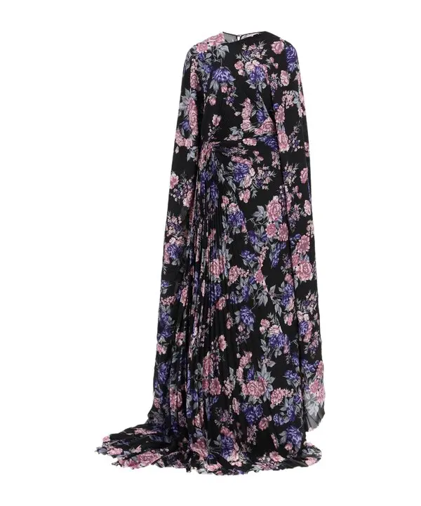 Balenciaga Floral Print Pleated Cape Dress - Black