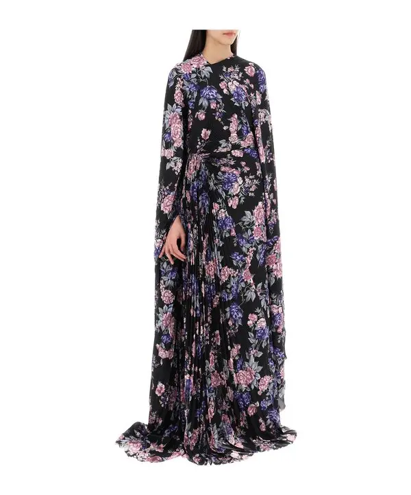 Balenciaga Floral Print Pleated Cape Dress