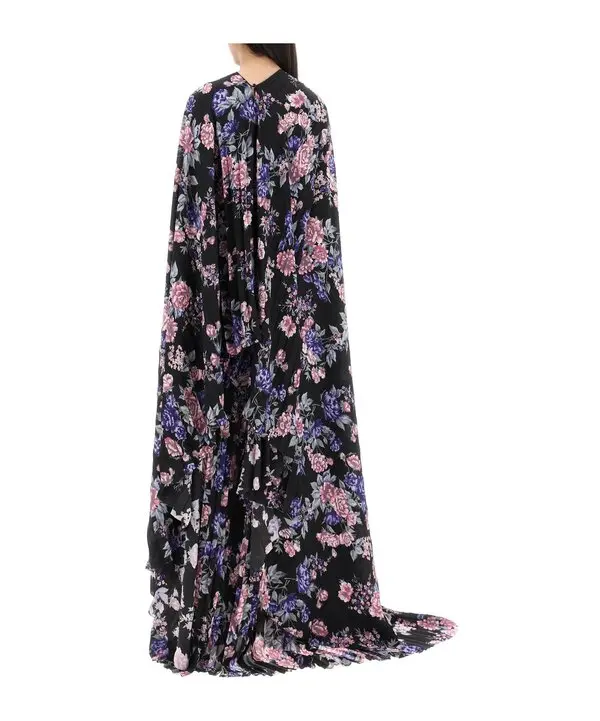 Balenciaga Floral Print Pleated Cape Dress