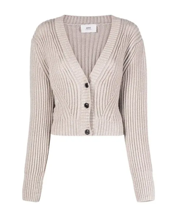 AMI Paris Cropped Ribbed-knit V-neck Cardigan - Nude