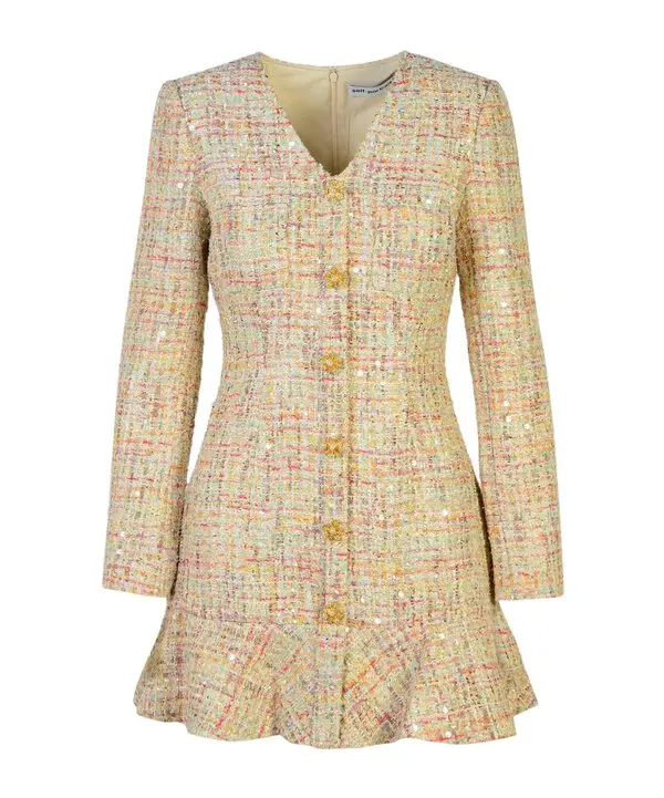 SELF-PORTRAIT Boucle V-neck Mini Dress With Gold Buttons