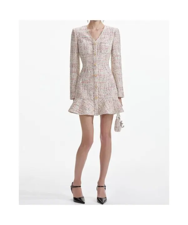SELF-PORTRAIT Boucle V-neck Mini Dress With Gold Buttons