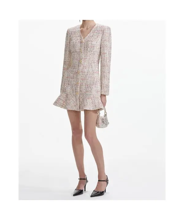 SELF-PORTRAIT Boucle V-neck Mini Dress With Gold Buttons