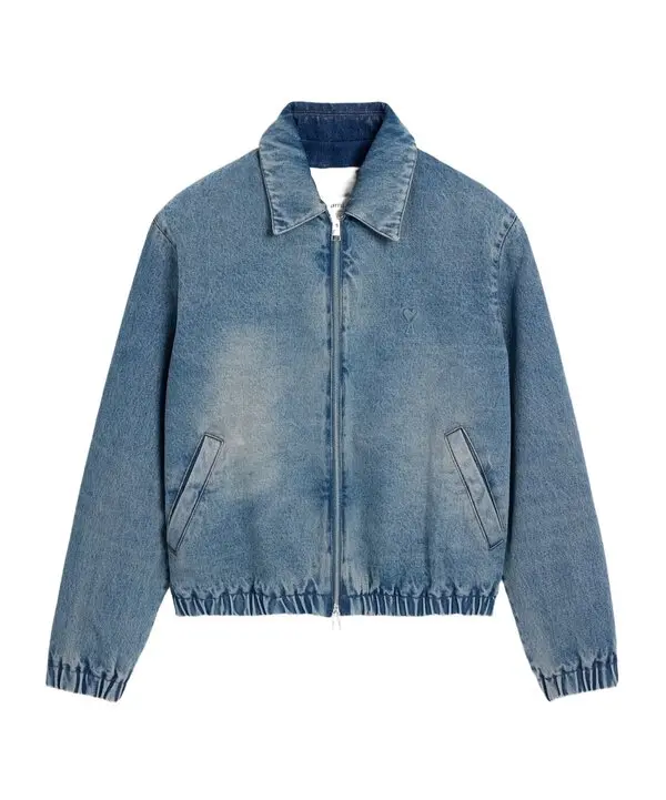 Ami Logo Embossed Zip-up Denim Jacket - Blue