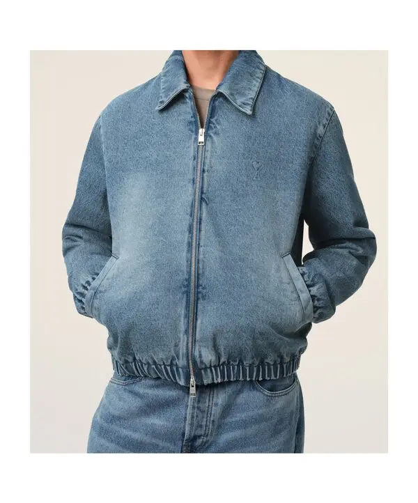 AMI Paris Logo Embossed Zip-up Denim Jacket - Blue