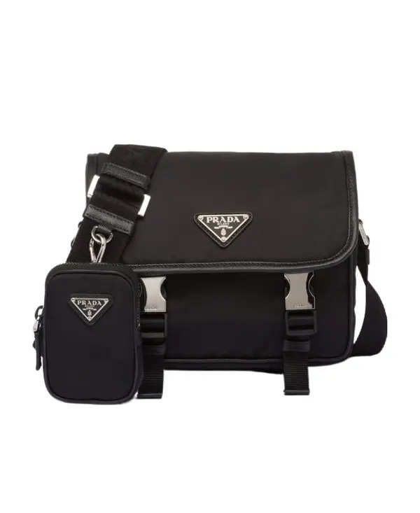 Prada Logo Plaque Foldover Shoulder Bag - Black