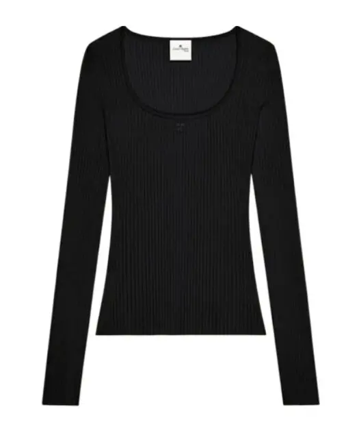COURREGES Long-sleeve Square-neck Ribbed Jumper With Button Detail - Black