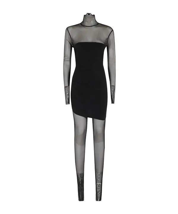 Norma Kamali Sheer Turtleneck Catsuit With Asymmetrical Hem - Black