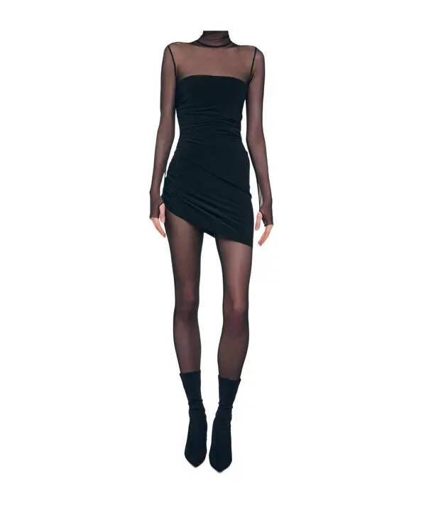 Norma Kamali Sheer Turtleneck Catsuit With Asymmetrical Hem