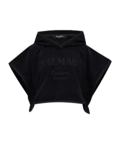 Balmain Cropped Hooded Poncho - Black