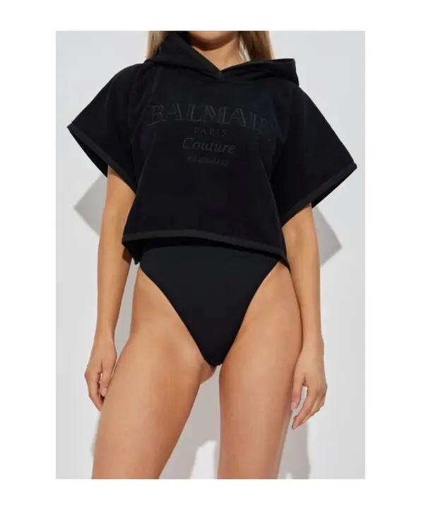 Balmain Cropped Hooded Poncho - Black