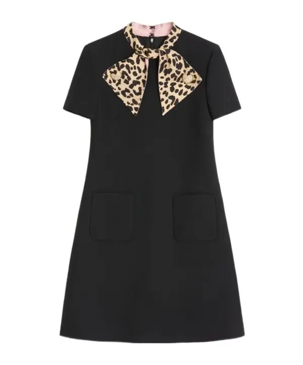 Valentino Garavani Crepe Couture Short Sleeve Dress With Printed Bow Detail - Black