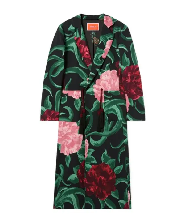 La DoubleJ Duster Floral Tassel Coat - Peony Black In Sablé Satin
