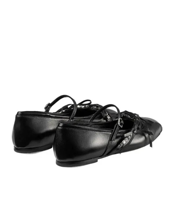 JIMMY CHOO Leather Ballerina Flats With Crystal Embellishments And Bow Detailing - Black