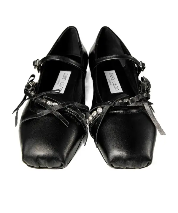 JIMMY CHOO Leather Ballerina Flats With Crystal Embellishments And Bow Detailing - Black