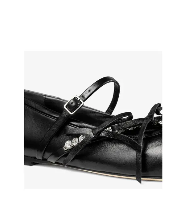 JIMMY CHOO Leather Ballerina Flats With Crystal Embellishments And Bow Detailing - Black