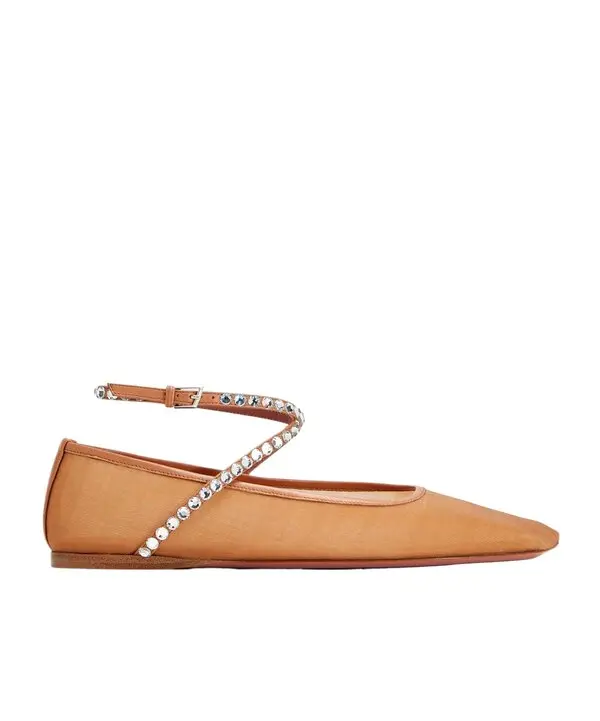 Amina Muaddi Square Toe Ballet Flats With Embellished Ankle Strap - Brown