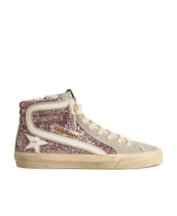 GOLDEN GOOSE Slide High Top Sneakers With Glitter And Leather Accents - Nude