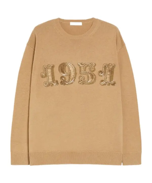 Max Mara Crewneck Jumper With Embellished Logo - Camel
