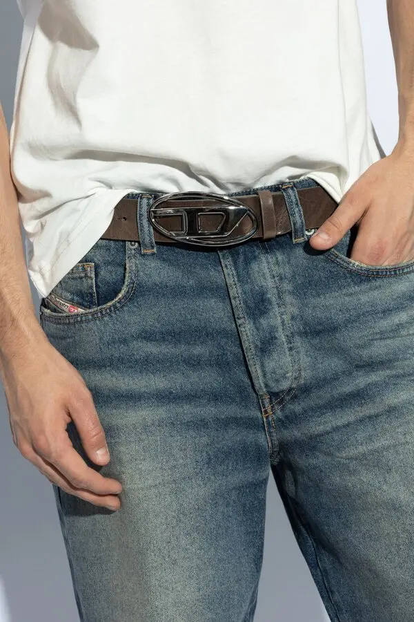 DIESEL® Logo Buckle Leather Belt - White