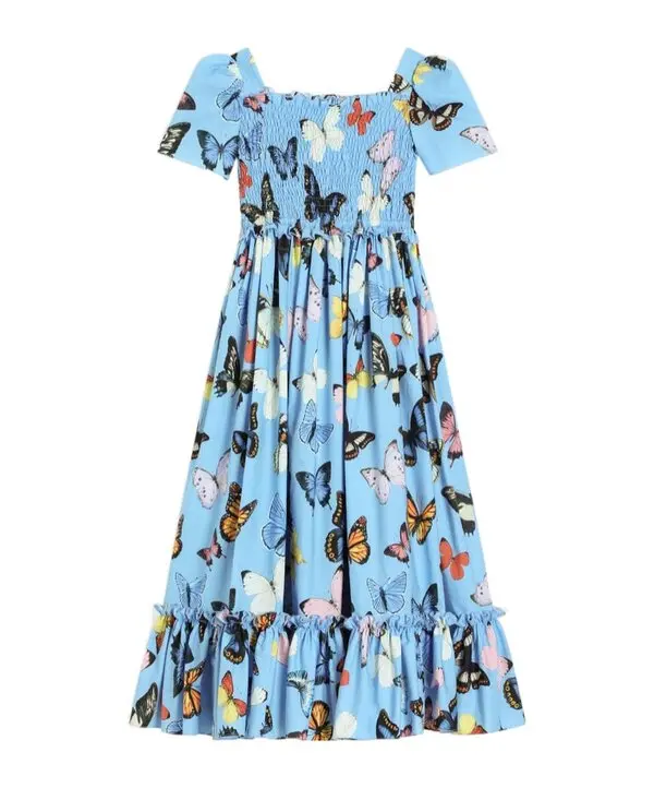 Dolce & Gabbana Butterfly Print Smocked Bodice Dress