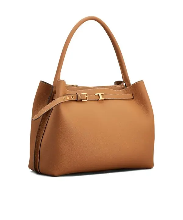 TOD'S T-palque Top Handle Bag In Calfskin Leather - Brown