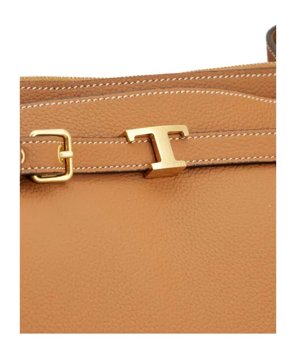TOD'S T-palque Top Handle Bag In Calfskin Leather - Brown