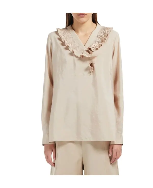Max Mara Washed Poplin Shirt With V-neck And Pleats