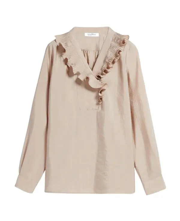 Max Mara Washed Poplin Shirt With V-neck And Pleats - Nude